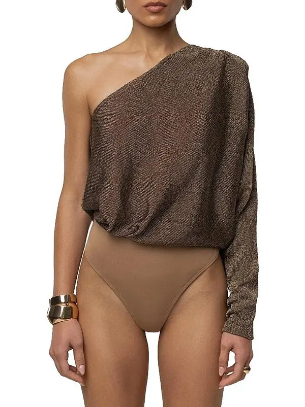 JLUXLABEL One-shoulder Metallic Knit Bodysuit - Bronze