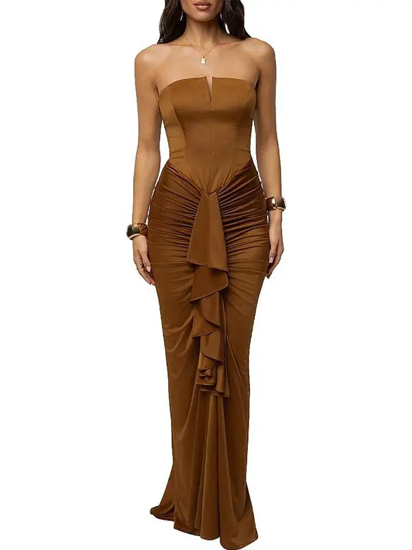JLUXLABEL Isabella Strapless Ruched Draped Maxi Gown - Tan