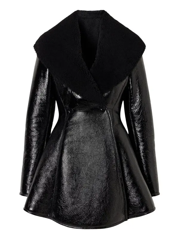 Alaïa Patent Shearling Coat With Shearling Trim - Black