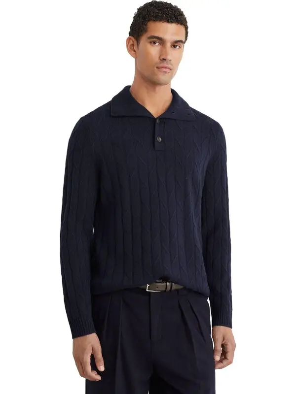 REISS Wool Stitch-detail Half-button Jumper - Navy