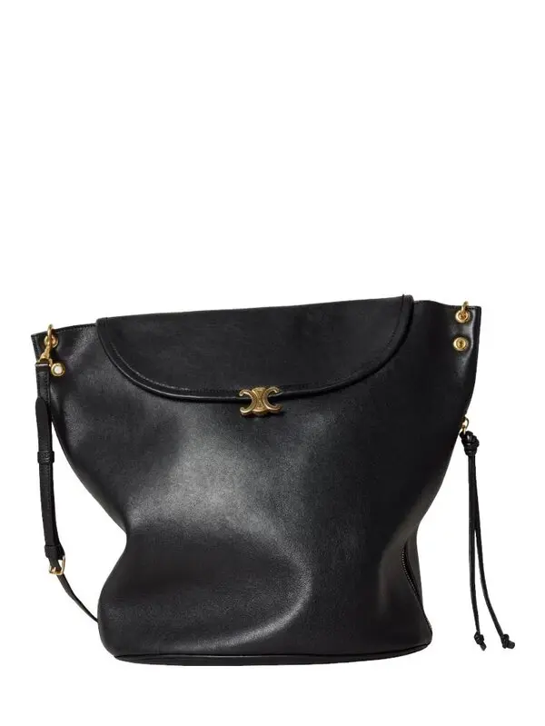 Celine Soft Triomphe Bucket Bag In Shiny Lambskin - Black