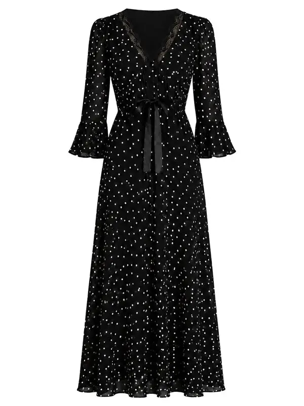 ROSE & NANCY Chloe Polka Dot Lace Trim Maxi Dress - Black