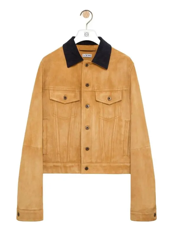 Loewe Suede Goat Skin Trucker Jacket With Embossed Corduroy Collar - Camel