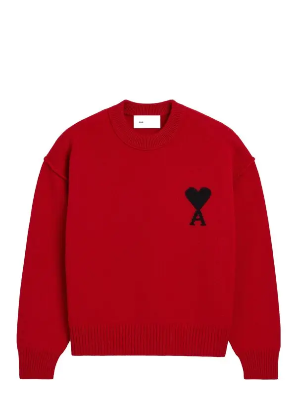 AMI Paris Red Crewneck Wool Sweater With De Coeur Motif - Ruby Red/black