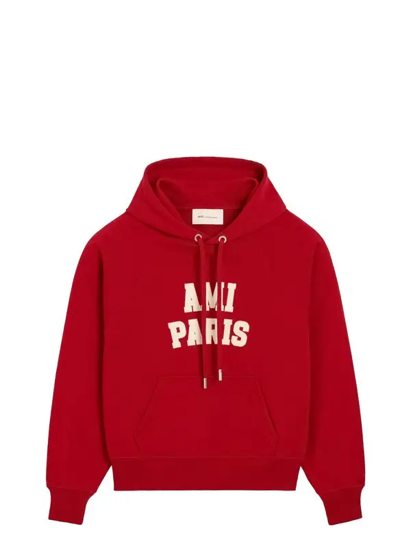 AMI Paris Red Cotton Hoodie With Embroidery - Ruby Red/ivory White