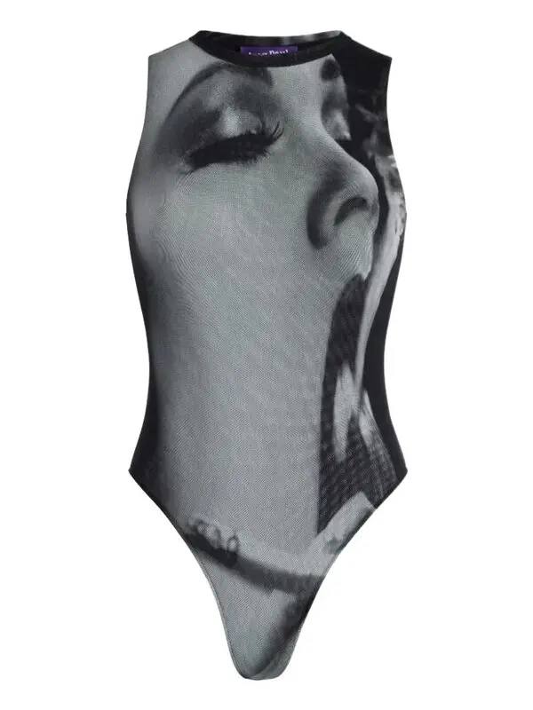 JEAN PAUL GAULTIER Printed Mesh Mock Neck Bodysuit - Gray