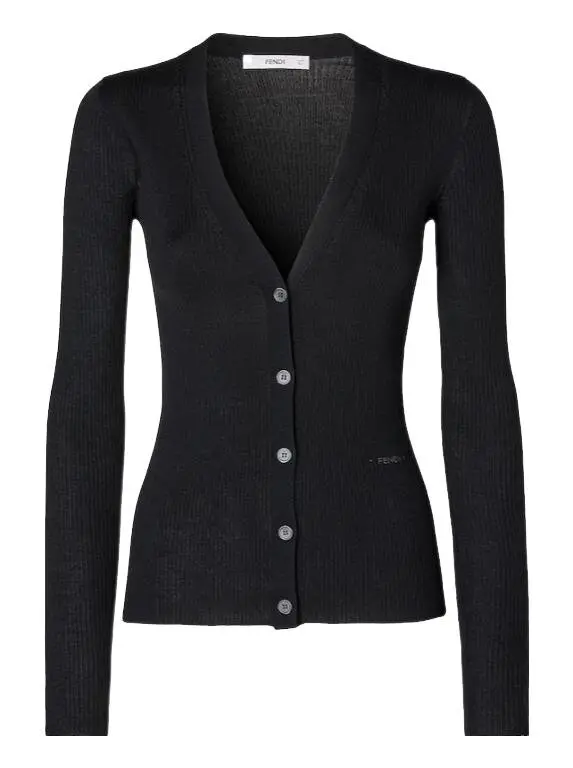 Fendi Ribbed Wool V-neck Cardigan With Embroidered Logo - Black