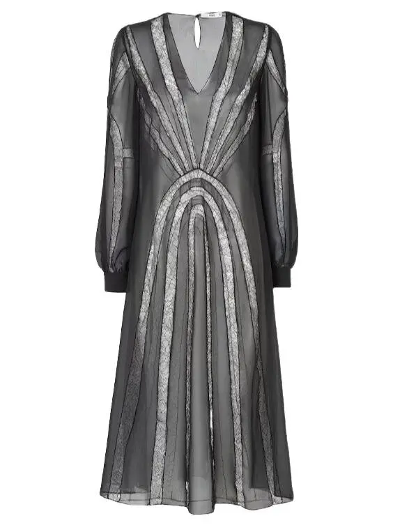 Fendi Georgette And Chantilly Lace V-neck Dress - Black