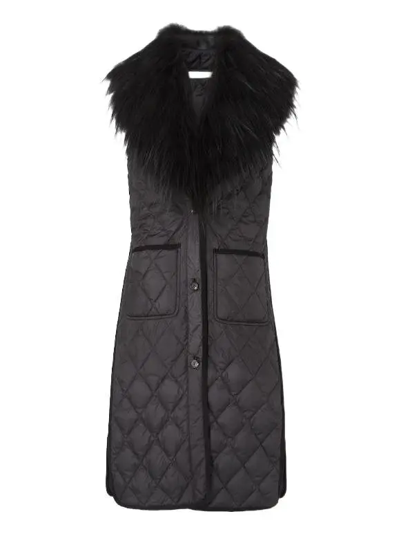 Fendi Long Quilted Gilet With Fox Fur Collar - Black
