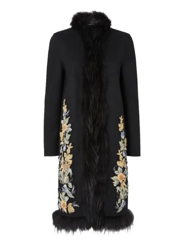 Fendi Embroidered Wool Coat With Fox Fur Trim - Black