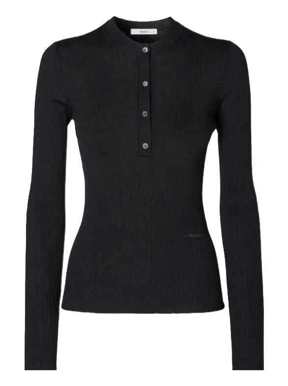 Fendi Ribbed Wool Sweater With Embroidered Logo - Black