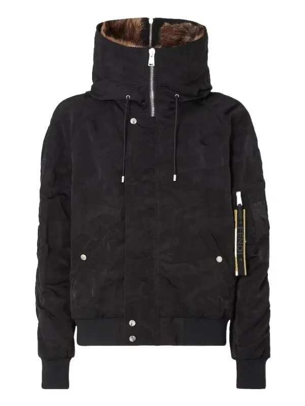 Fendi Patchwork Jacquard Nylon Bomber Jacket With Shearling And Tuscan Lambskin Trim - Black