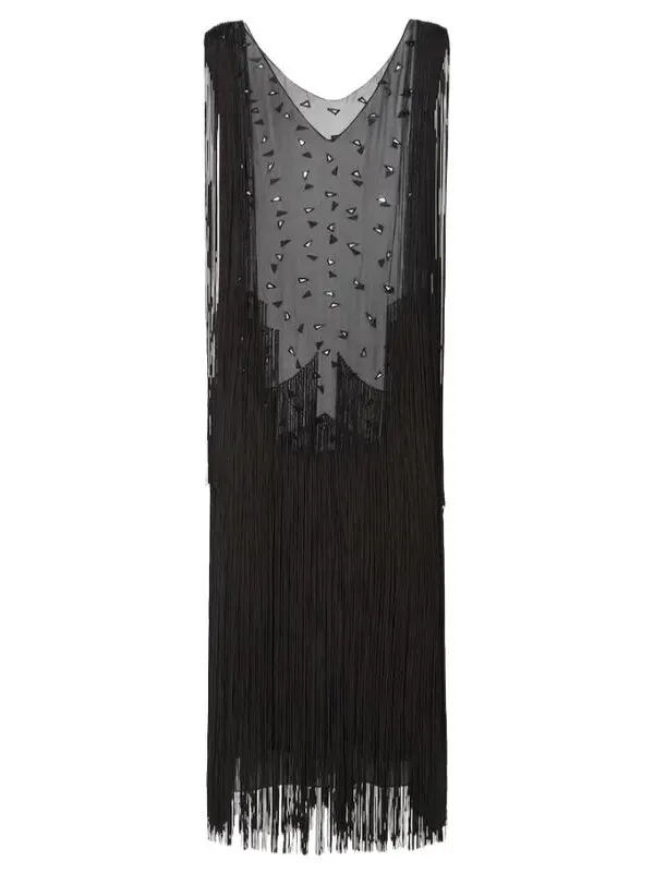 Fendi Sleeveless V-neck Midi Dress With Mirror Embellishments And Fringe - Black