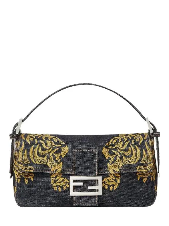 Fendi Baguette Bag With Embroidered Tigers - Dark Blue