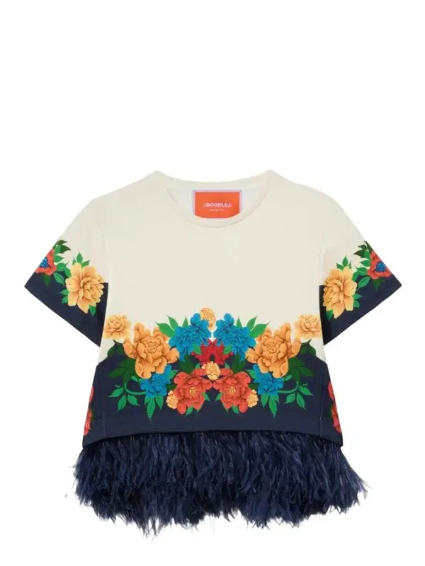 La DoubleJ Floral Feather Trim T-shirt - Multicolor