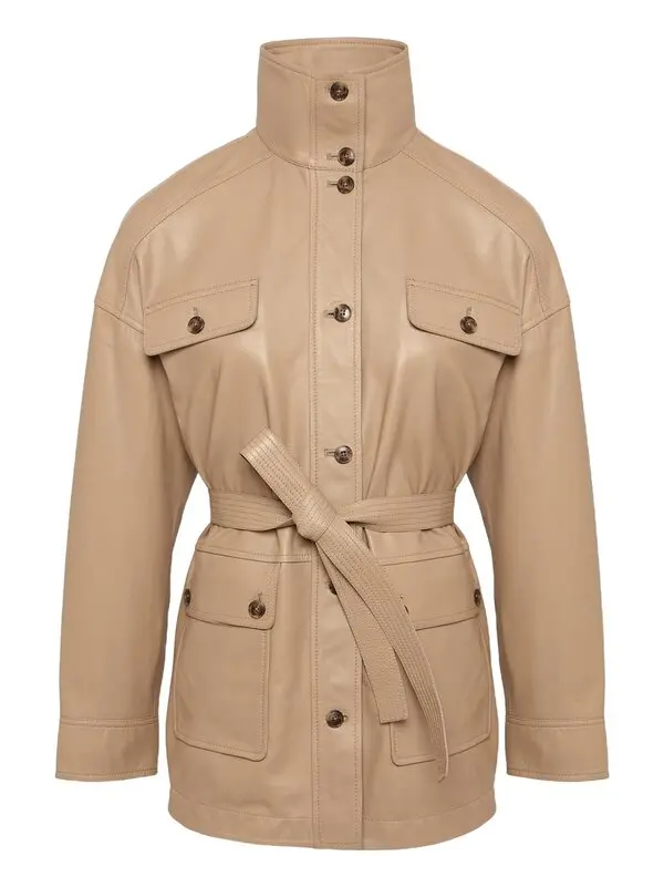 YVES SALOMON Belted Leather Jacket - Light Brown