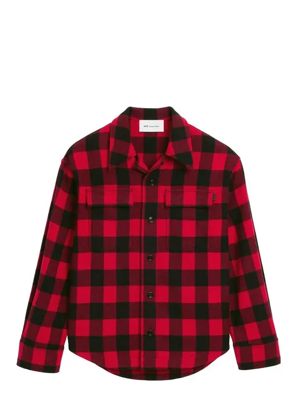 AMI Paris Red Wide Checkered Wool Overshirt - Ruby Red/black