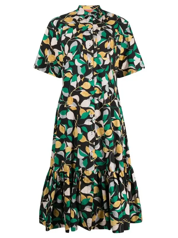 La DoubleJ Orchard-print Shirt Midi Dress - Black