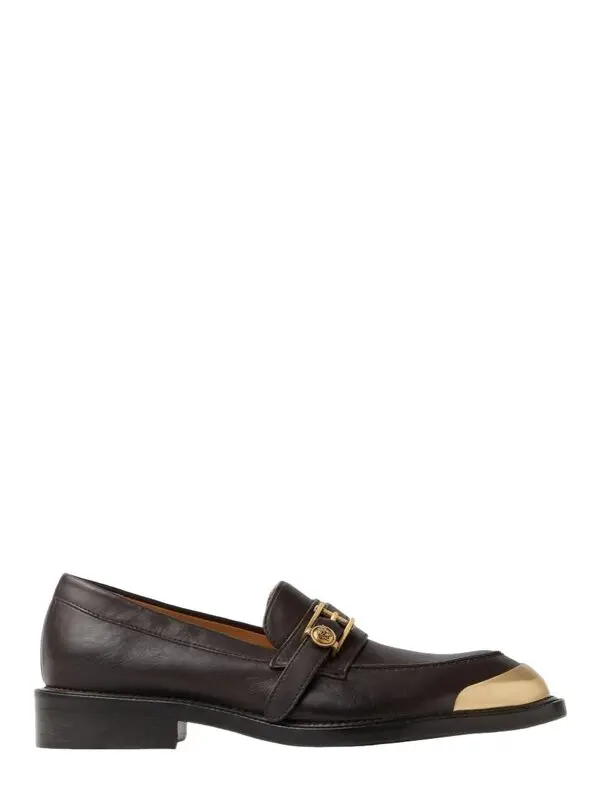 Versace Primo Leather Loafers With Metal Buckle And Cap Toe - Brown