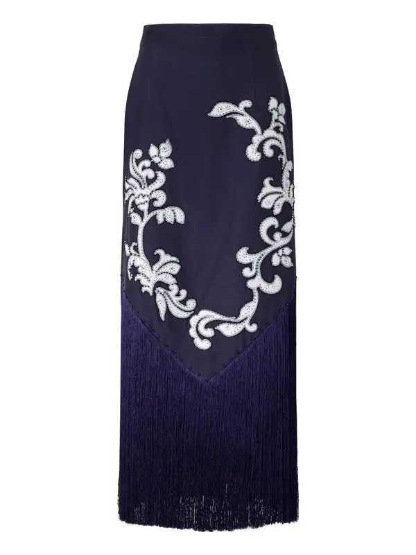 ALEMAIS Dillon Embellished Fringed Midi Skirt - Blue