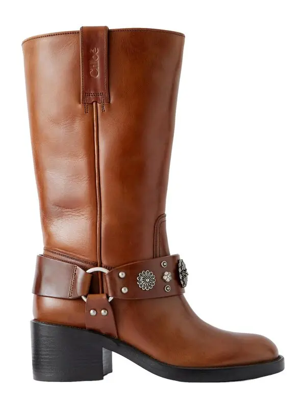 Chloé Dakota Stud-embellished Leather Knee Boots - Brown