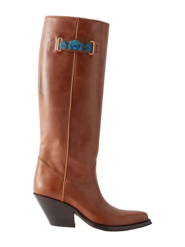 Chloé Azelan Embroidered Leather Knee Boots - Tan
