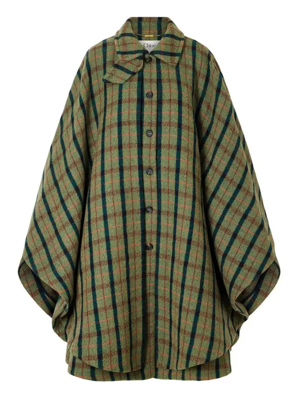 Chloé Checked Wool And Cotton-blend Cape - Green