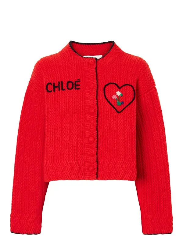 Chloé Embroidered Wool And Cashmere-blend Cardigan - Red
