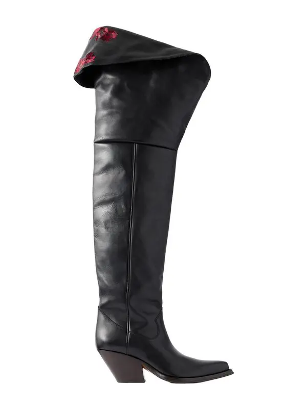 Chloé Azelan Embroidered Leather Knee Boots - Black