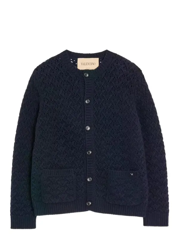 Valentino Garavani Wool And Cashmere Cardigan With Metallic V Detail - Blue