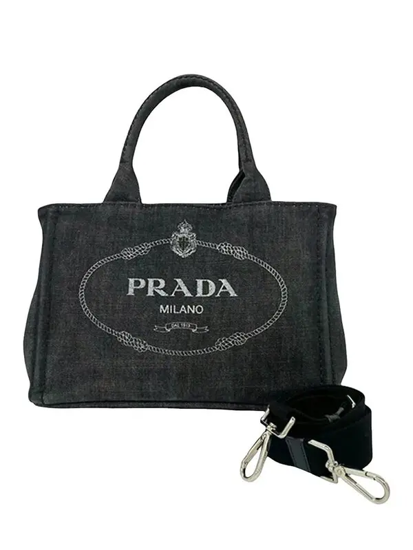 Prada Small Denim Logo Tote Satchel - Black