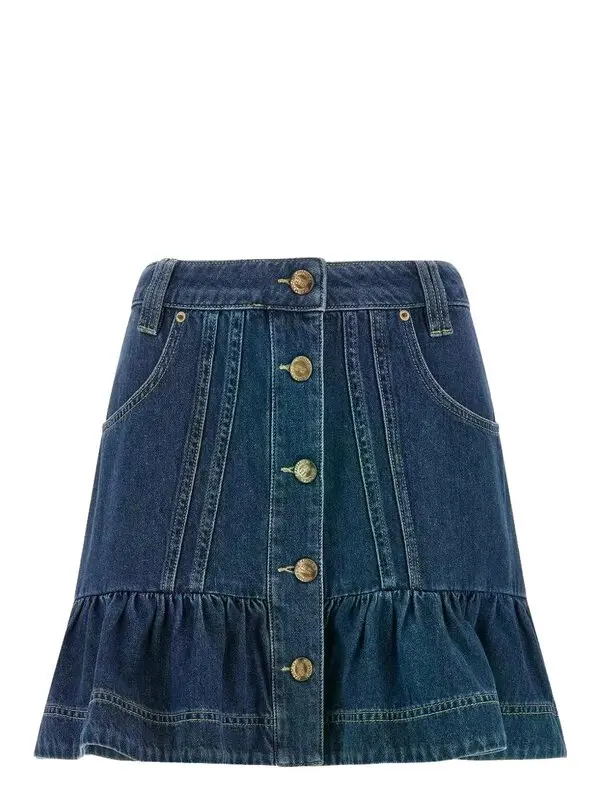 Farm Rio Ruffled Button-front Denim Mini Skirt - Blue