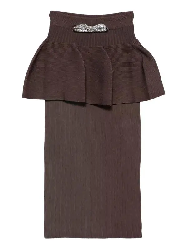 GENNY Dark Ribbed Knit Peplum Midi Skirt With Embellished Bow - Brown