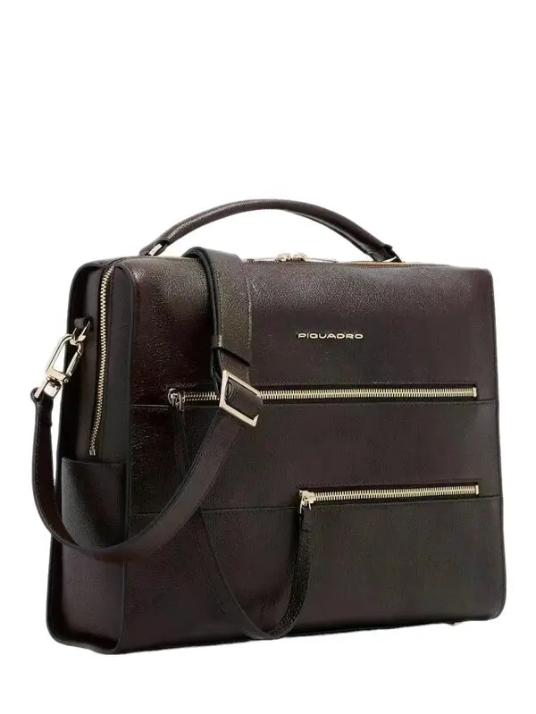 PIQUADRO Dark Pebbled Grain Logo Laptop Bag - Brown