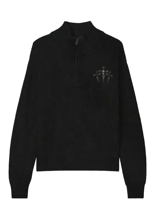 FIVE CM Ribbed Knit Half-zip Sweater With Logo Plaque - Black