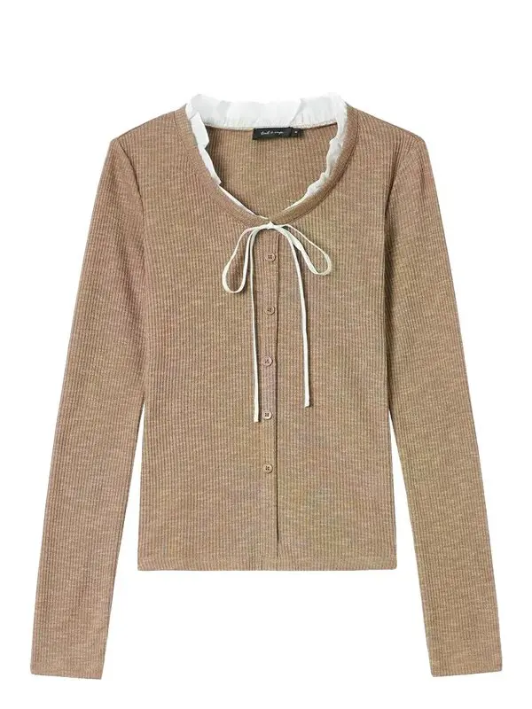 TOUT A COUP Ruffle-trimmed Ribbed-knit Cardigan With Front Bow Detail - Neutrals