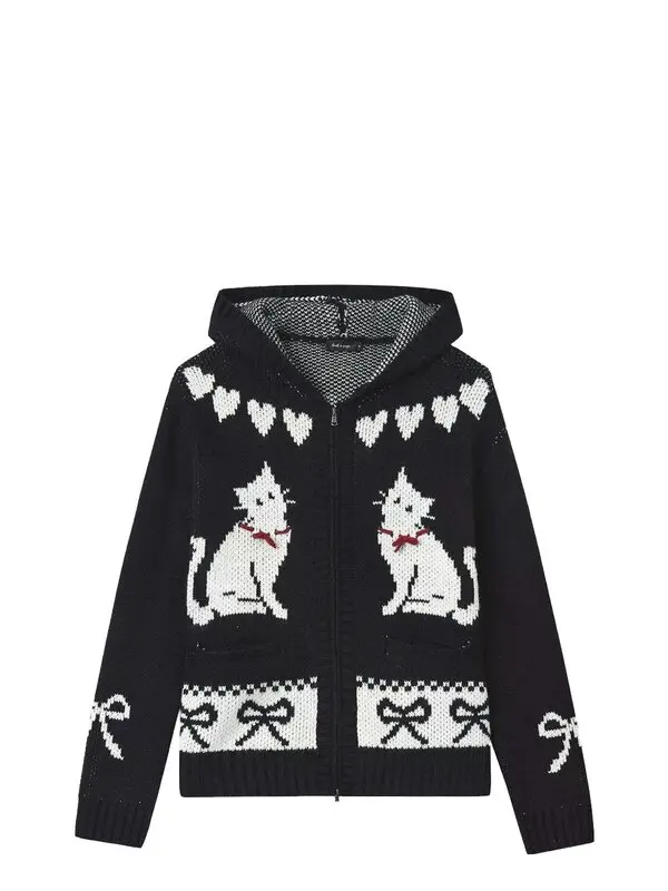 TOUT A COUP Intarsia-knit Cat-motif Hoodie - Black