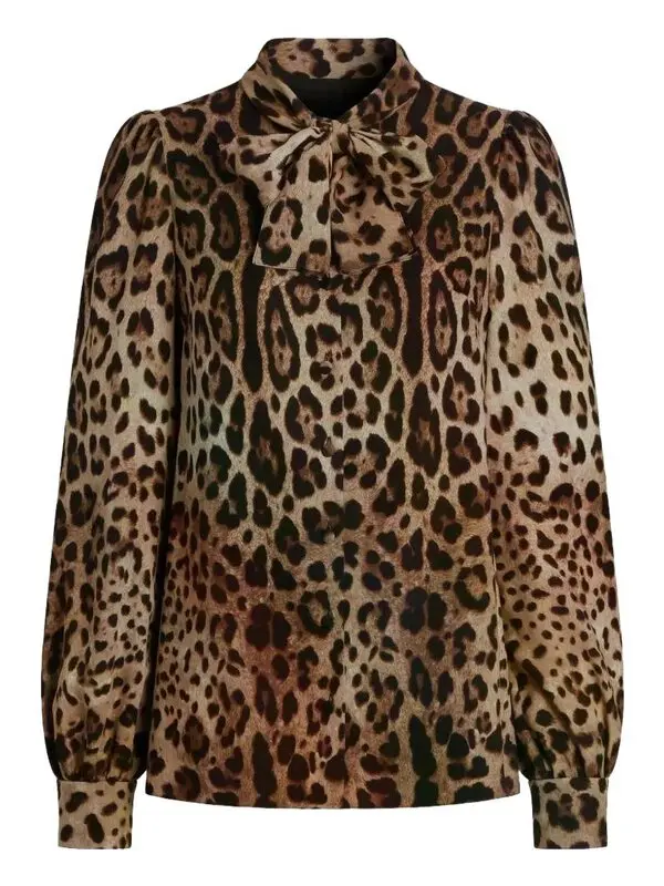 Dolce & Gabbana Leo-print Silk Charmeuse Shirt With Self-tie Ribbon Collar - Neutrals