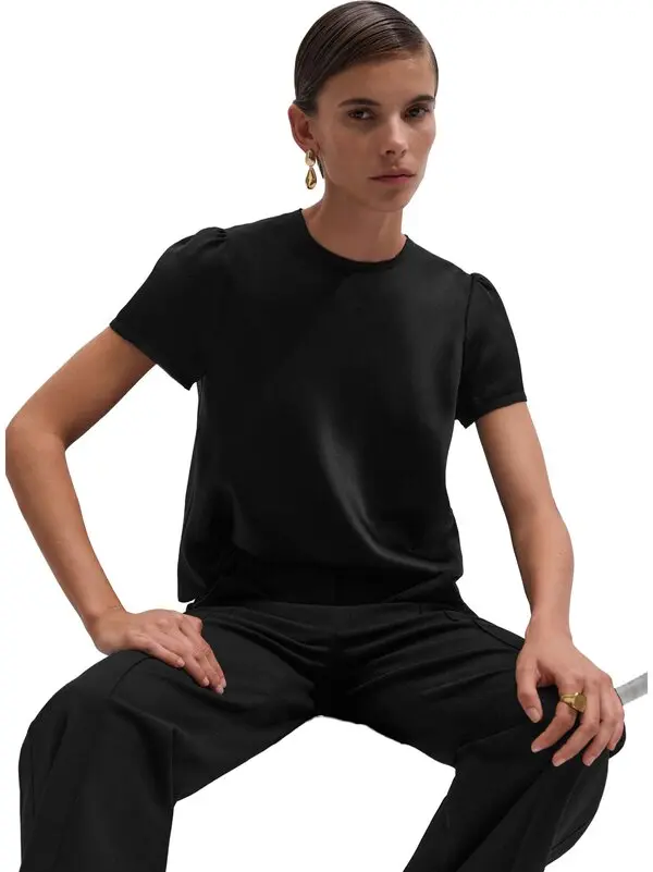 ME+EM Silk Satin Puff Sleeve T-shirt - Black