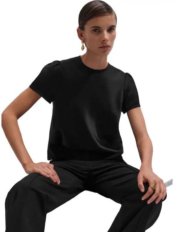 ME+EM Silk Satin Puff Sleeve Top - Black