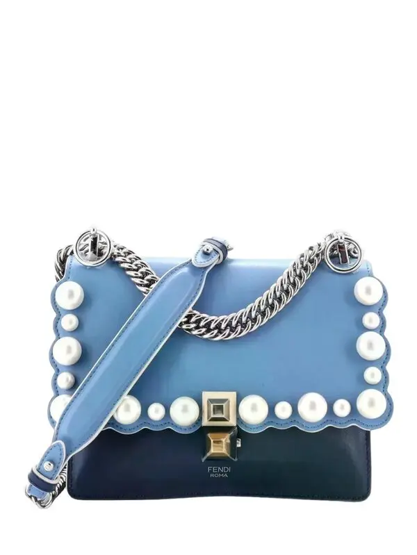Fendi Kan I Bag Pearl Embellished Leather Small Crossbody Bag - Blue