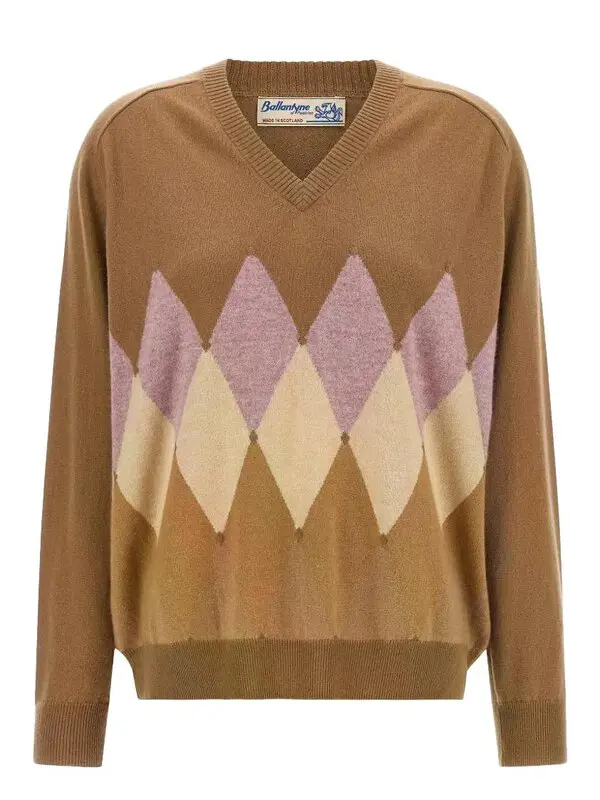 BALLANTYNE Diamond Intarsia V-neck Cashmere Sweater - Brown