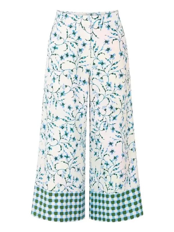 I BLUES Floral Print Gingham Trim Wide Leg Trousers - Neutrals