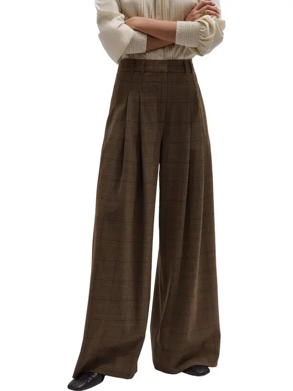 ME+EM Icon Check Wide-leg Trousers - Pecan Brown Multi