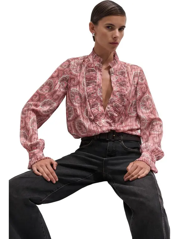 ME+EM Ornate Paisley Print Frill Blouse With Tie Detail - Pink Multi