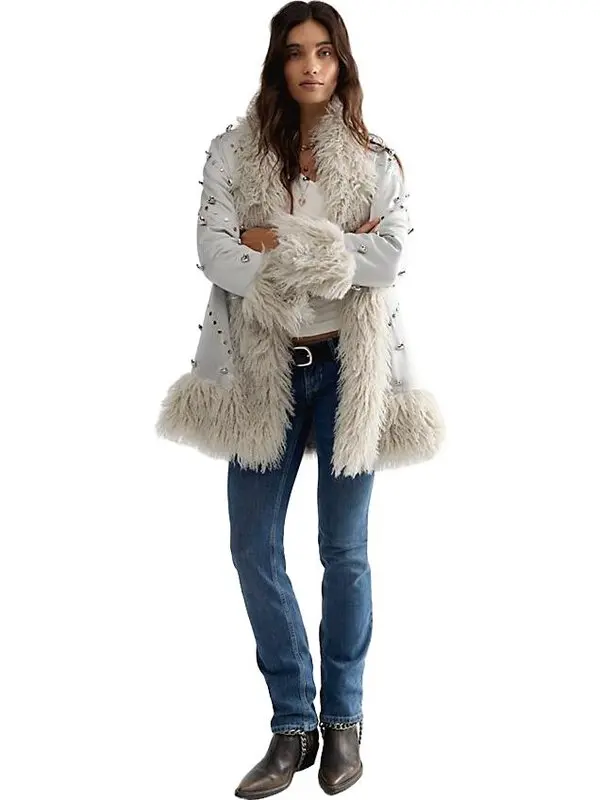 UNDERSTATED LEATHER Embellished Faux Fur Trimmed Coat - White/silver