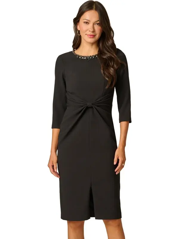 Adrianna Papell Three Quarter Sleeve Beaded Collar Sheath Dress - Black