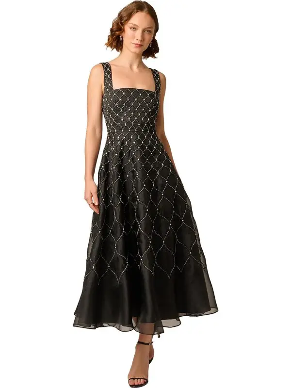 Aidan Mattox Square Neck Lattice Beaded Ankle Length Dress - Black