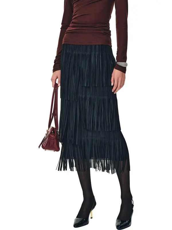 Fabrique Hilda Ruched Asymmetric Fringe Skirt - Black