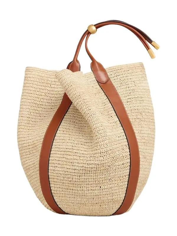 Celine Large Drop Bucket Bag In Raffia And Calfskin - Tan
